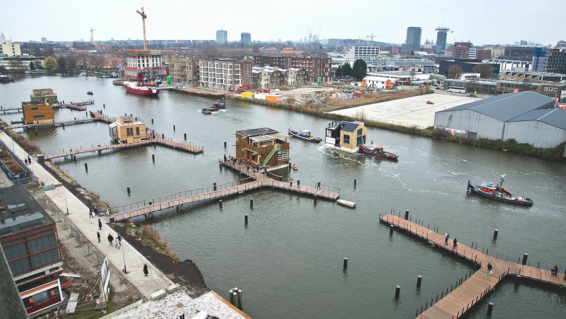 Circular floating neighbourhood under construction in amsterdam